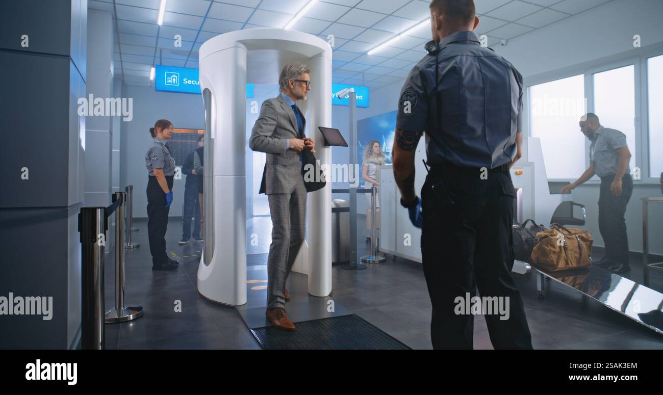 Airport Terminal Checkpoint: Diverse People Walking Through Metal ...