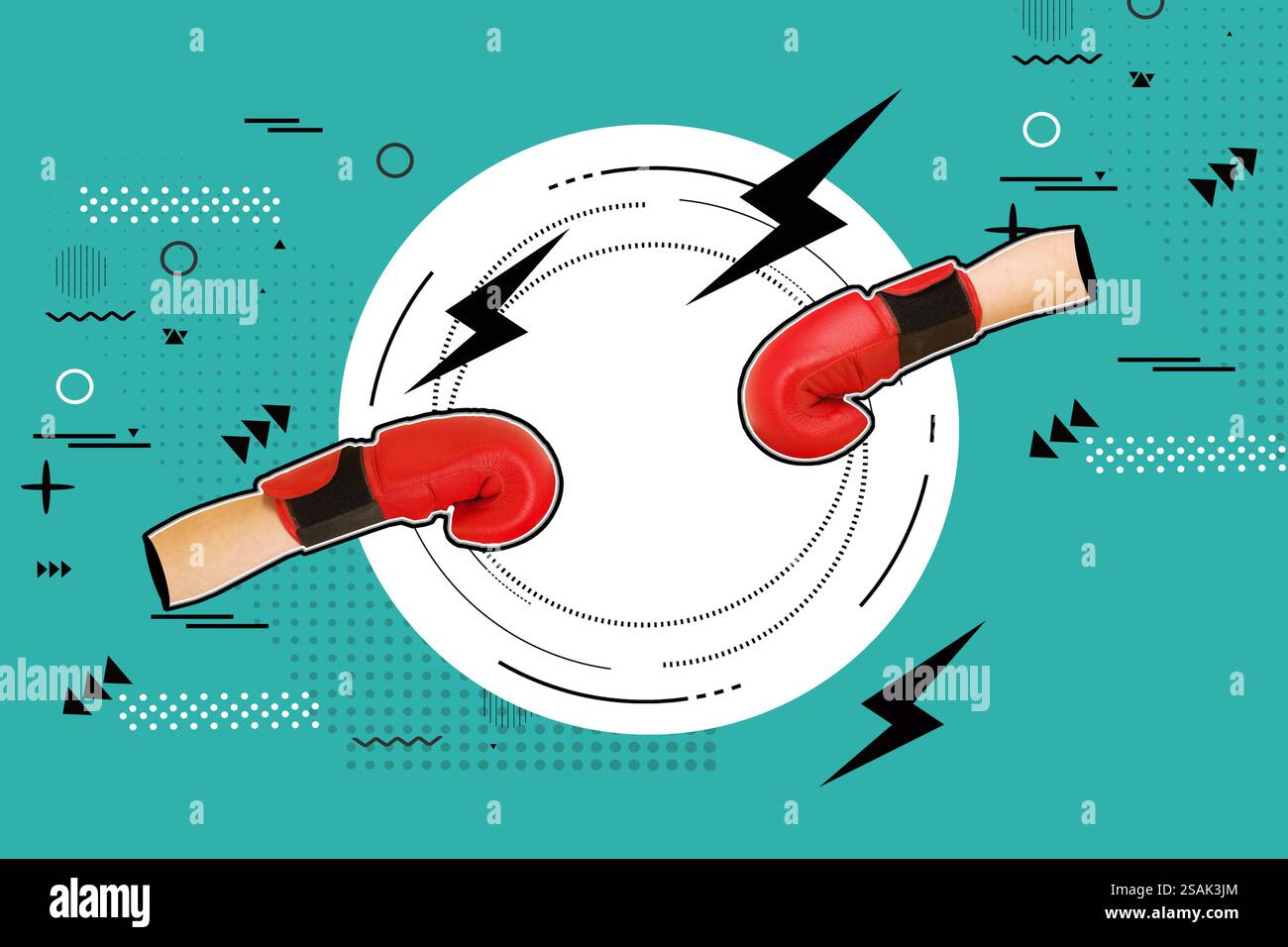 Hands with boxing gloves on a white circle on a green background with ...