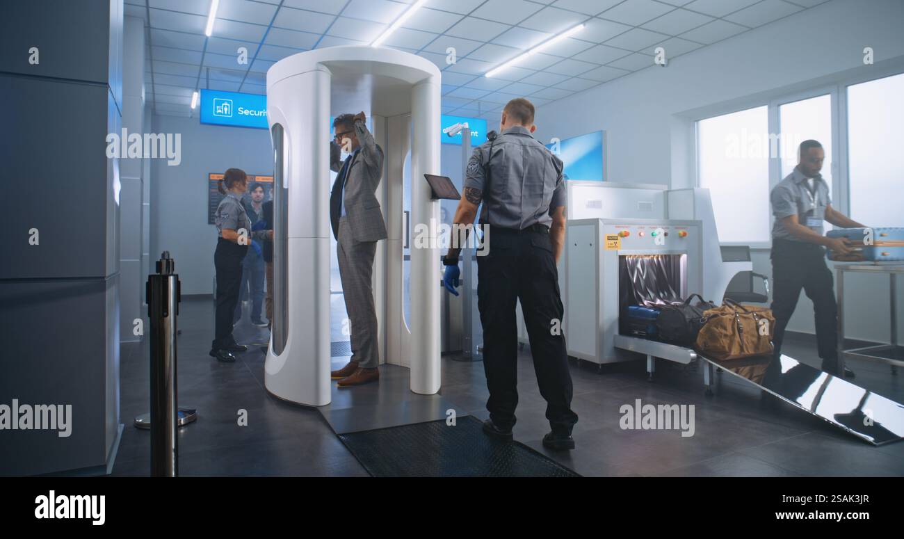 Airport Terminal Checkpoint: Diverse People Walking Through Metal ...