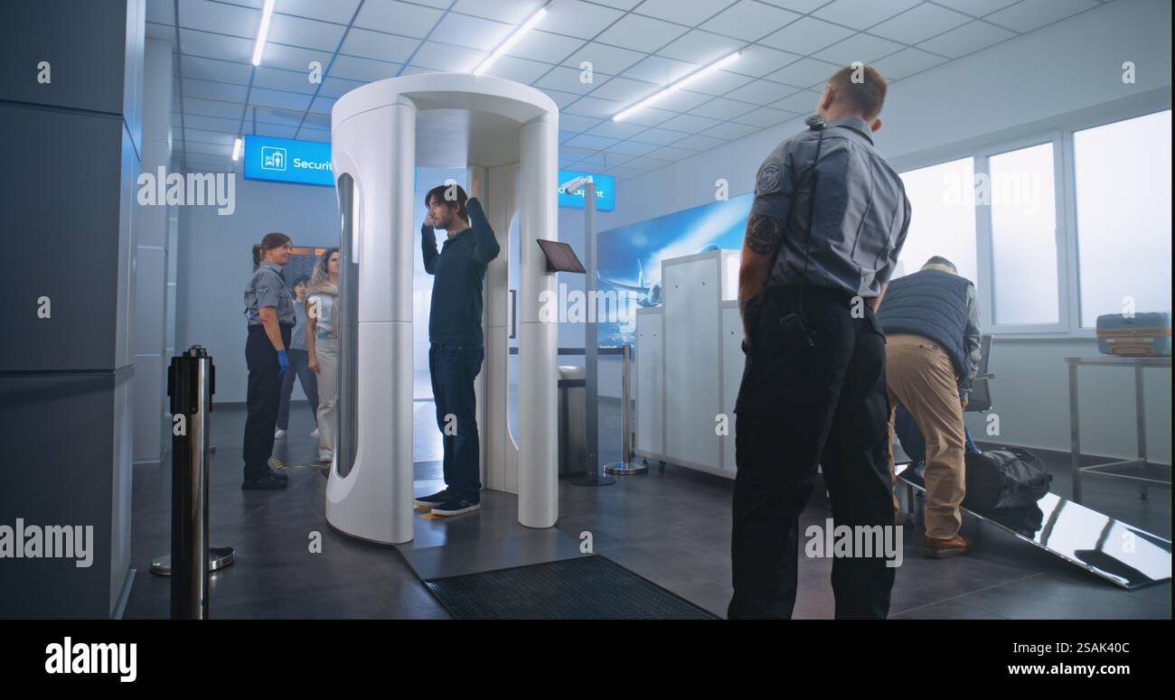 Airport Security Check: Diverse Passengers Passing Through Metal ...