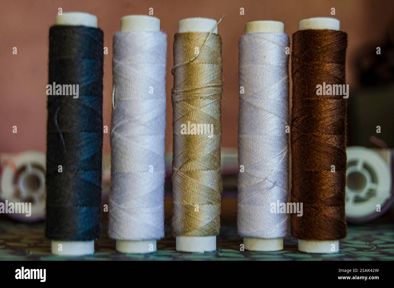 Reels of different coloured thread on a green floral background Stock ...