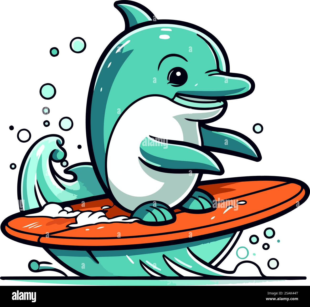 Cute cartoon dolphin on surfboard. Vector illustration isolated on ...