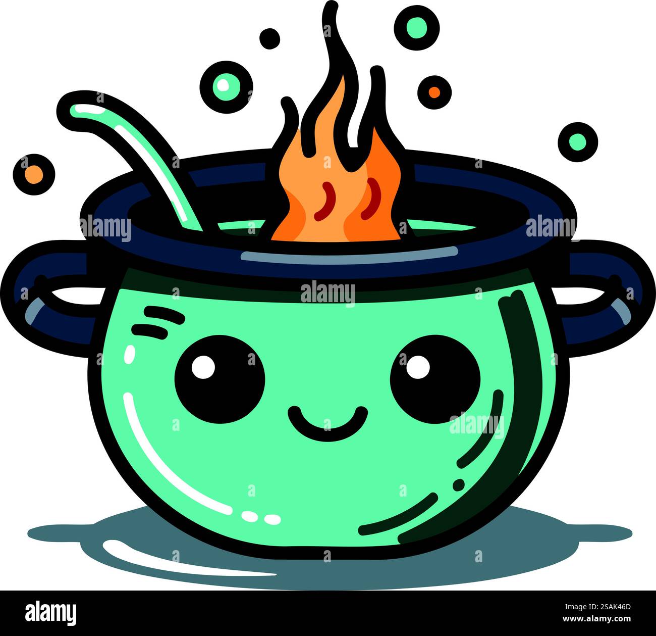 Cute cartoon cooking pot with fire. Vector illustration isolated on ...