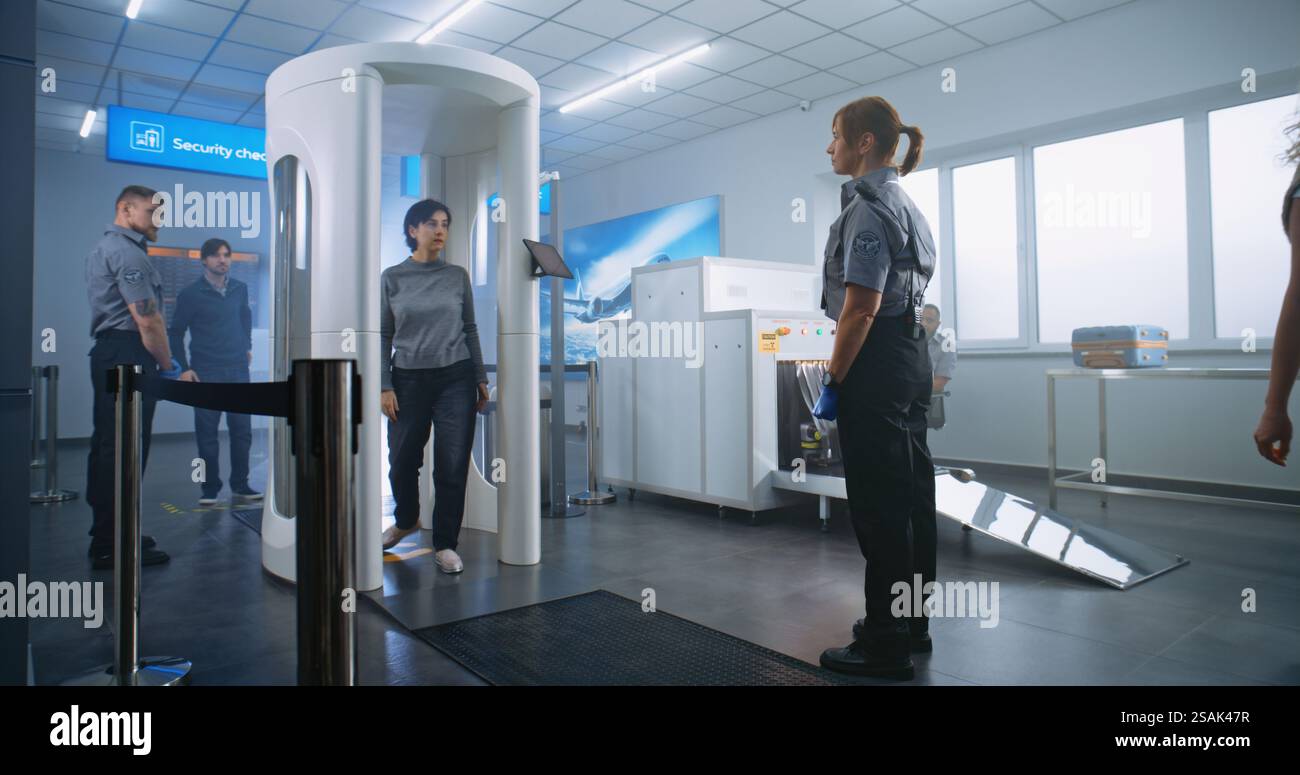 Airport Security Check: Diverse Passengers Passing Through Metal ...