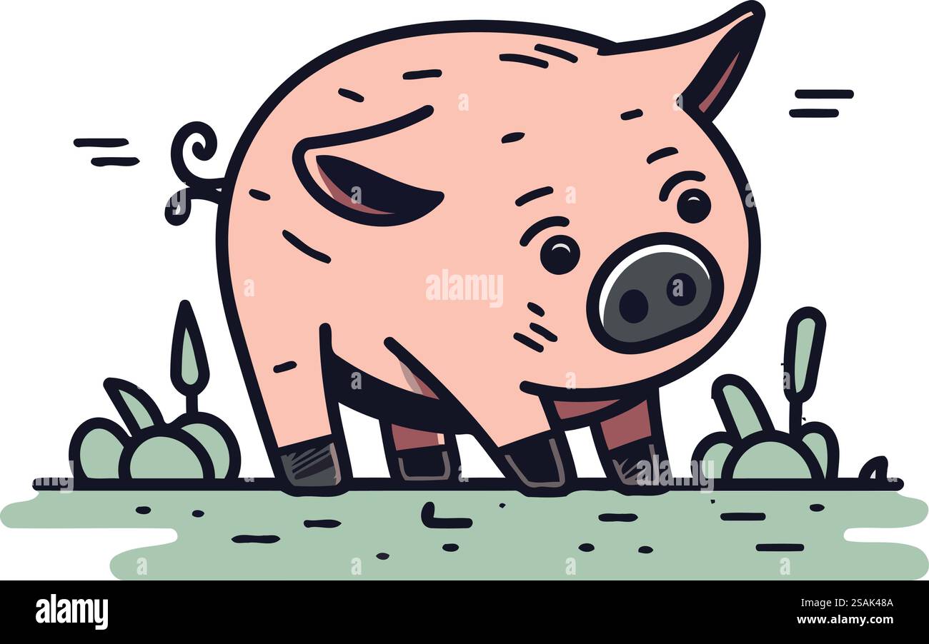 Vector illustration of a pig standing in the grass. Cute cartoon ...