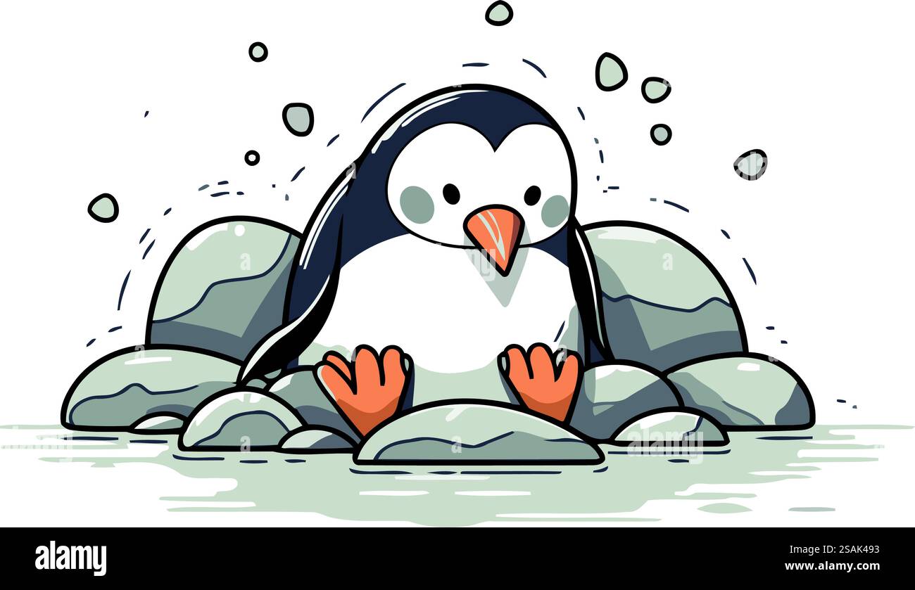 Cute penguin on the rock. Vector illustration isolated on white ...
