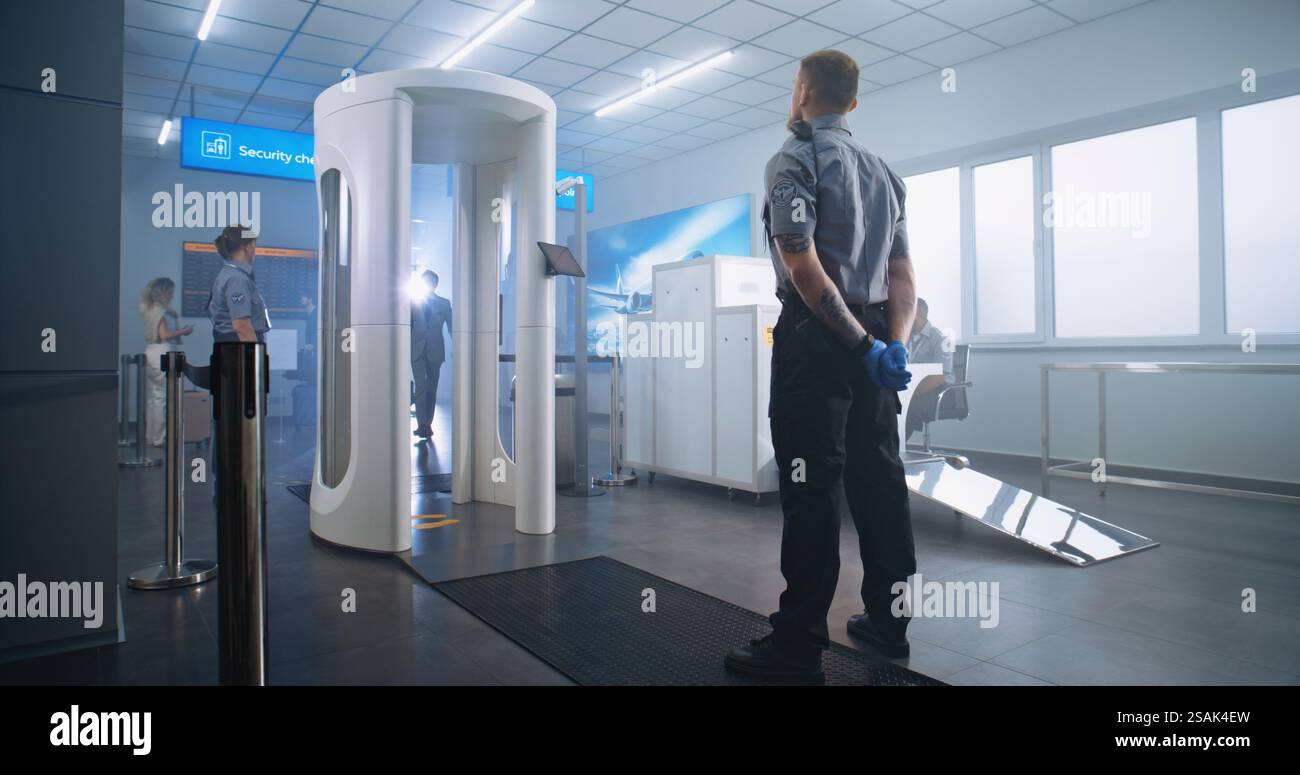 Airport Terminal: Mature Businessman Walks Through Metal Detector ...