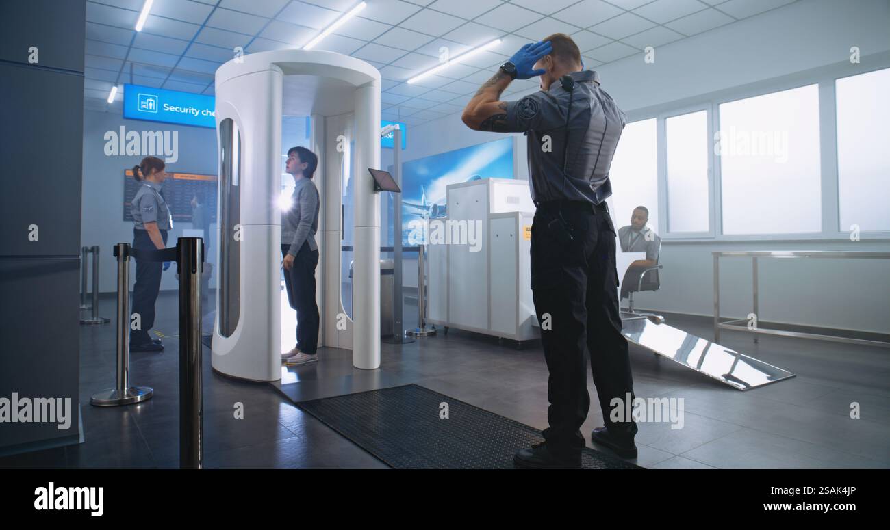 Security Check in Airport Terminal: Diverse People Passing Through ...