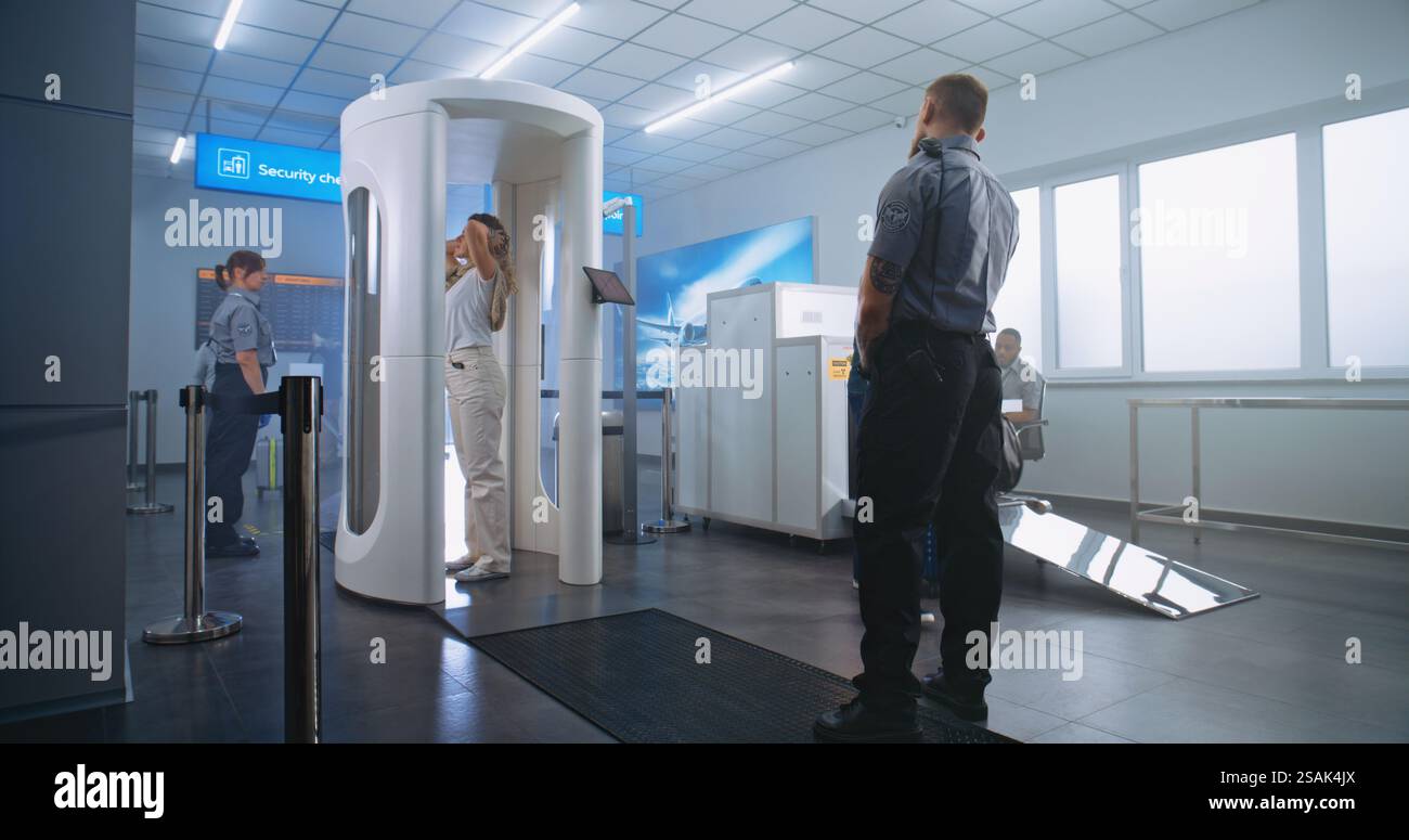 Security Check in Airport Terminal: Diverse People Passing Through ...