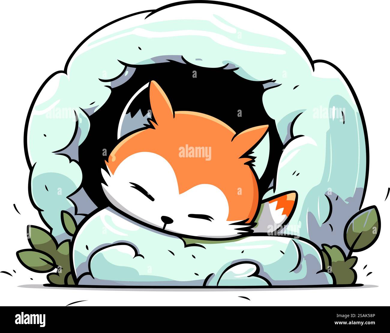 Cute fox sleeping in a cave. Vector illustration. Isolated on white ...