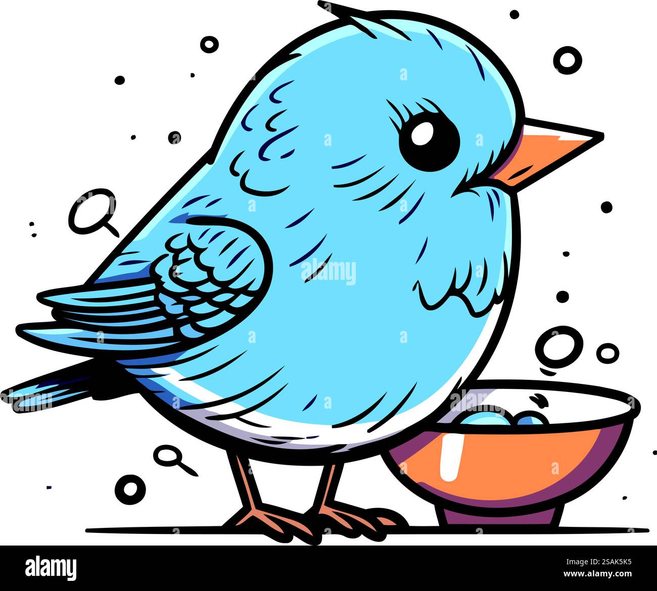 Cute blue bird with bowl of water. Cartoon vector illustration Stock ...