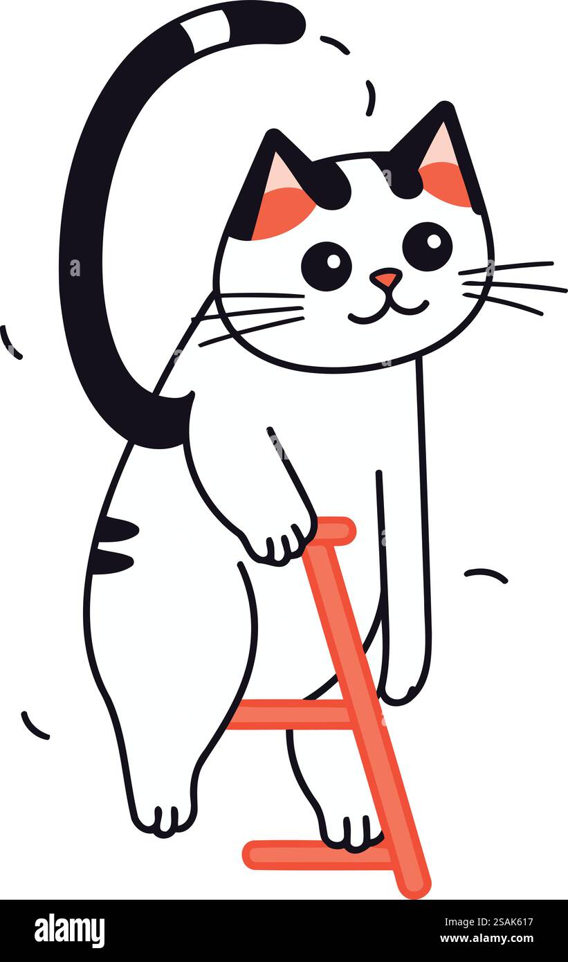 Cute cartoon cat stands on a red ladder. Vector illustration Stock ...