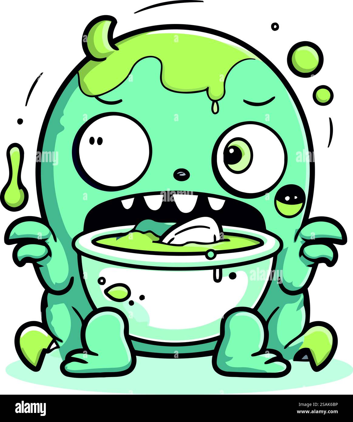 Cute cartoon monster with a bowl of soup. Vector illustration Stock ...