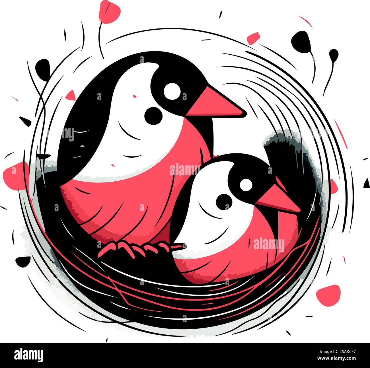 Two cute little birds in a circle. Vector illustration on white ...