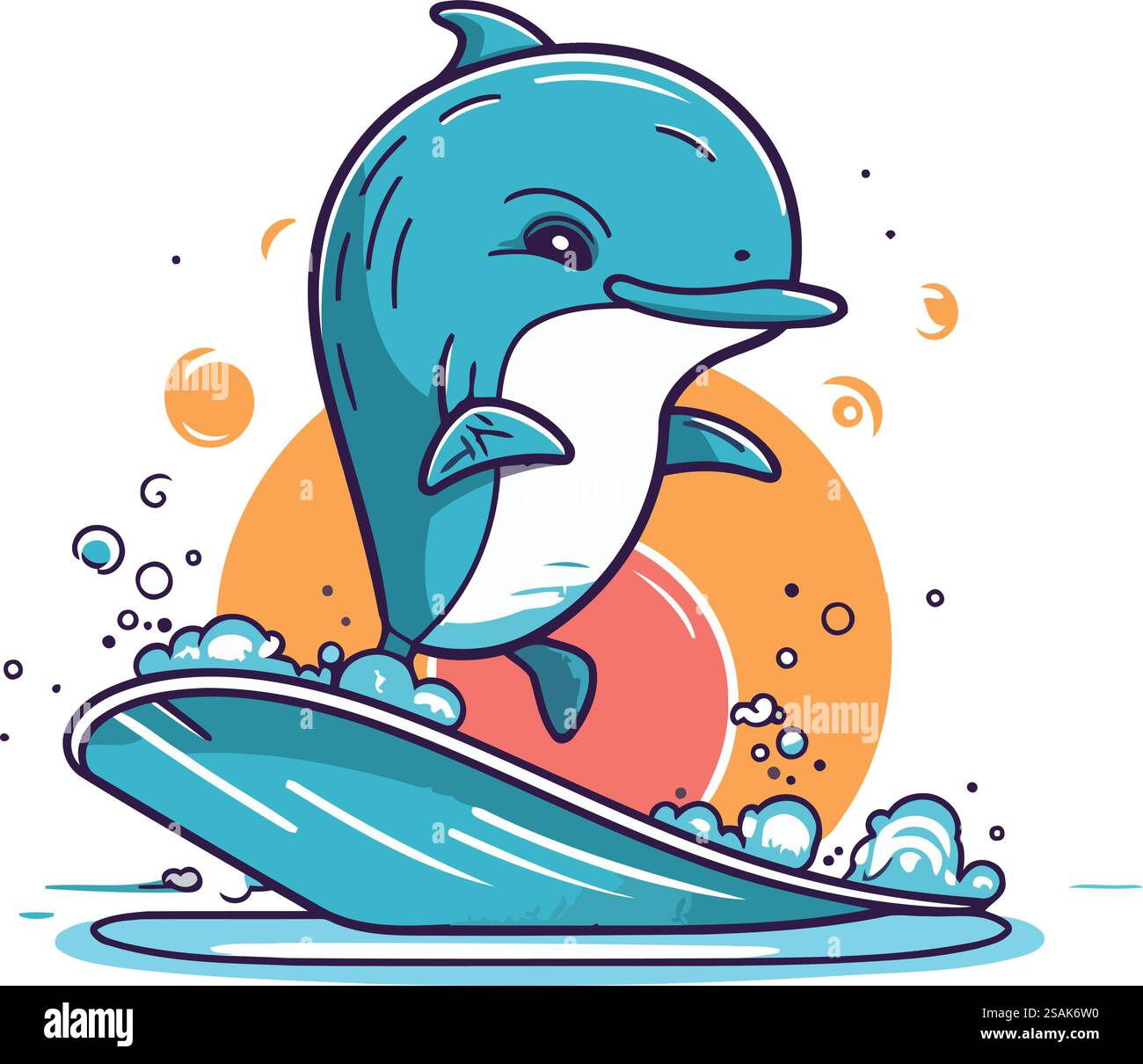 Cartoon dolphin with surfboard. Vector illustration in flat style Stock ...