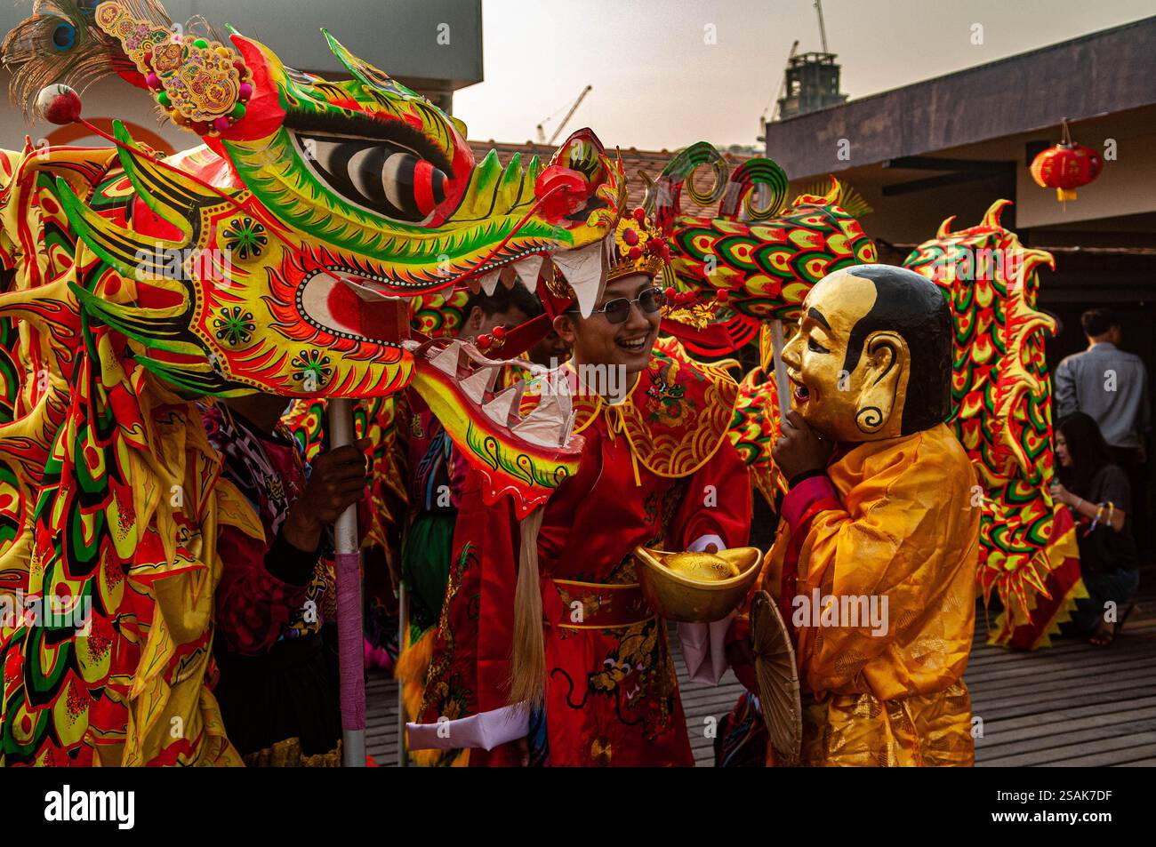 Traditional dragon dancing at a skybar for Chinese New Year, "Year of ...