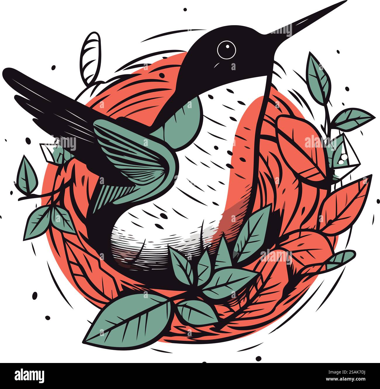 Hand drawn vector illustration of a hummingbird sitting on a branch ...