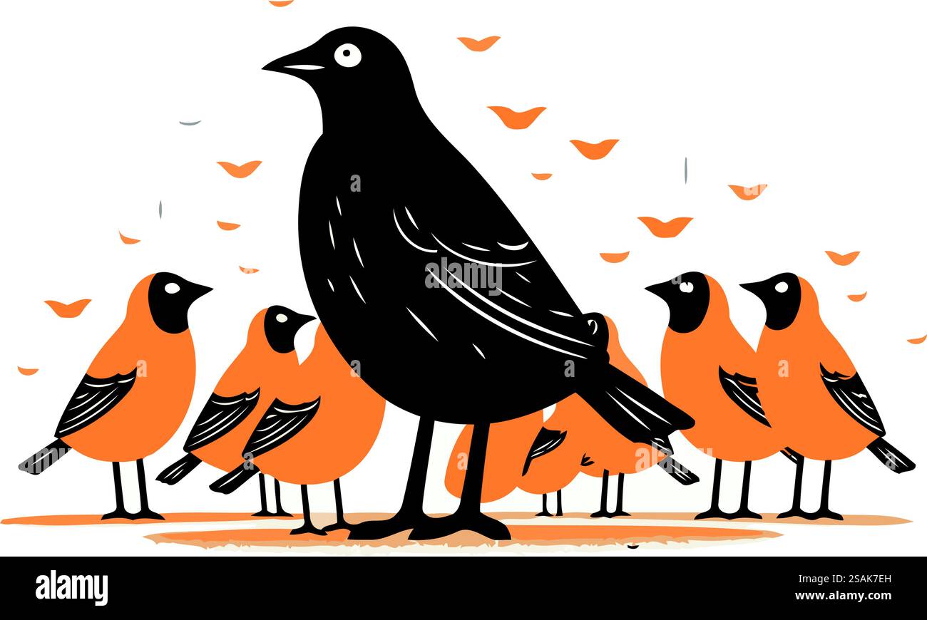 Crow and flock of birds. Vector illustration on white background Stock ...