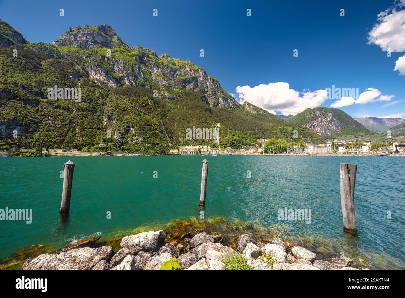 Lake Garda with mountains in background, view from Riva del Garda town ...