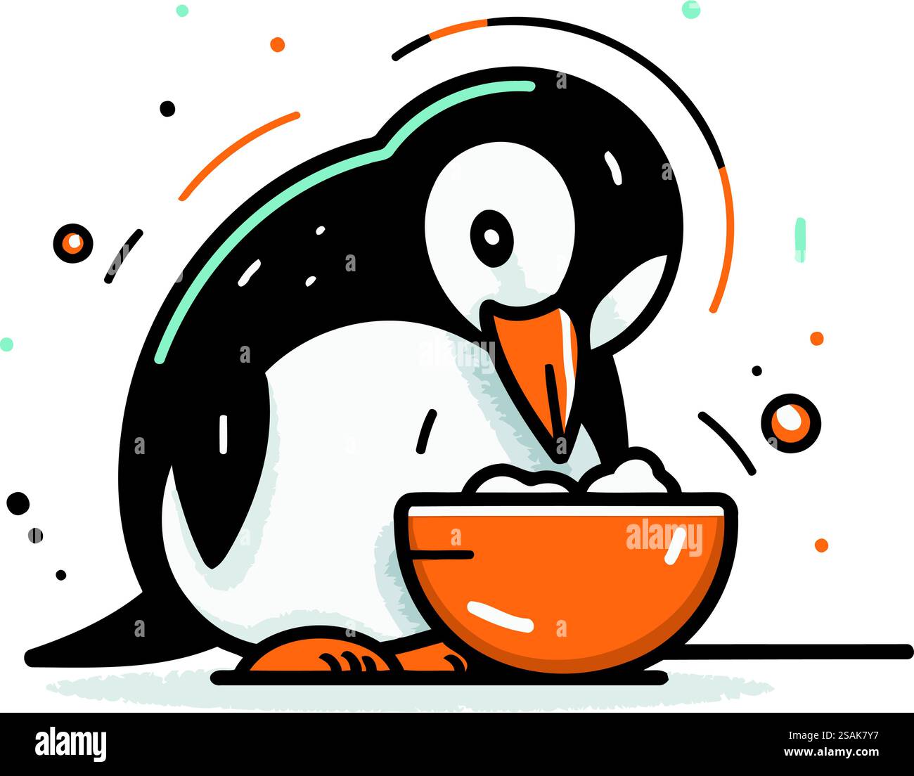 Cute penguin eating from bowl. Vector illustration in line style Stock ...