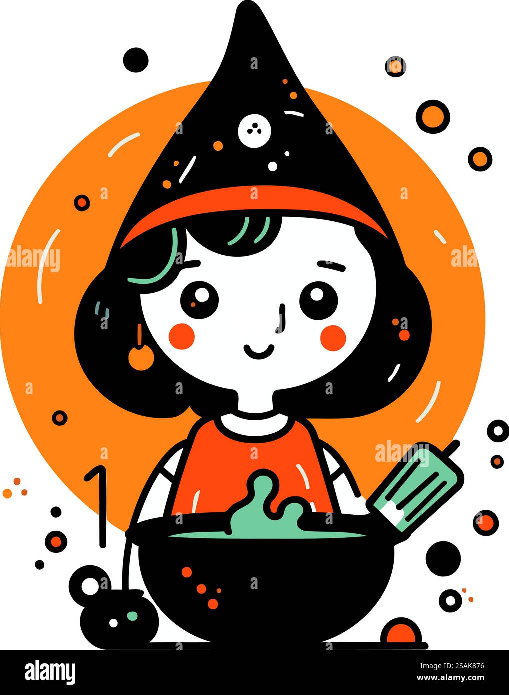 Cute little girl in a witch costume cooking. Vector illustration Stock ...