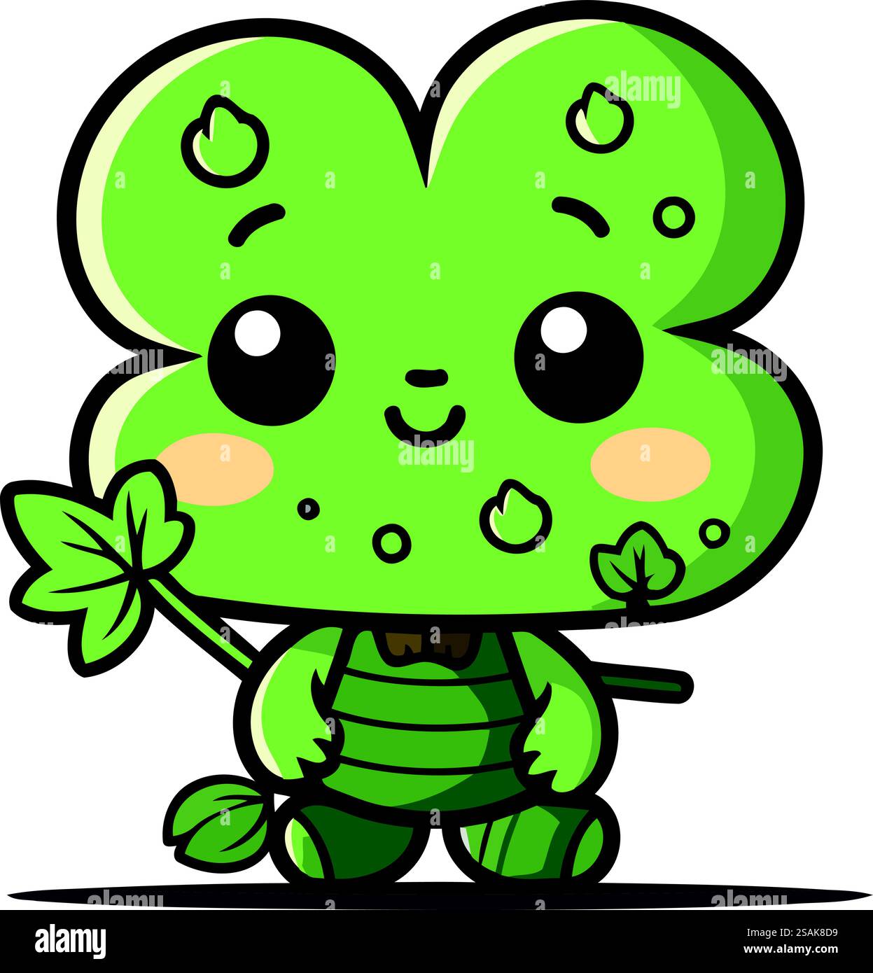 Cute green frog with clover leaf cartoon character vector illustration ...