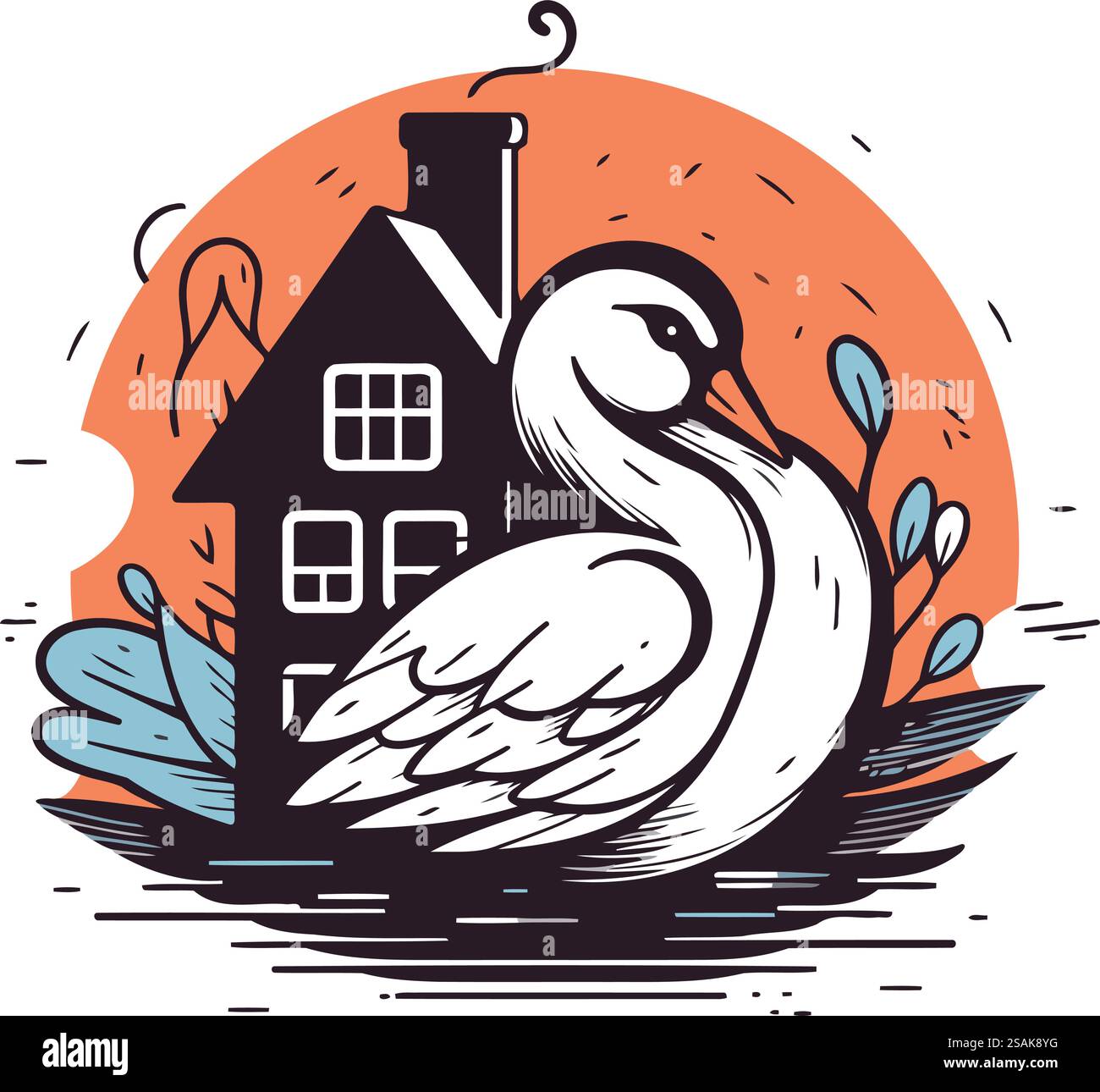 Swan and house. Vector illustration in doodle style Stock Vector Image ...