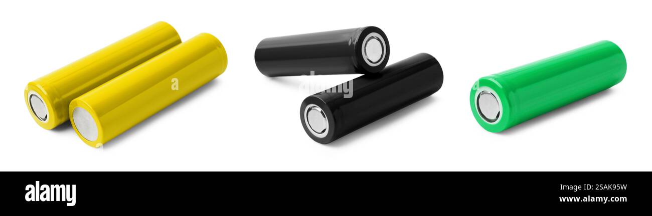 AA alkaline batteries in different colors isolated on white, set Stock ...