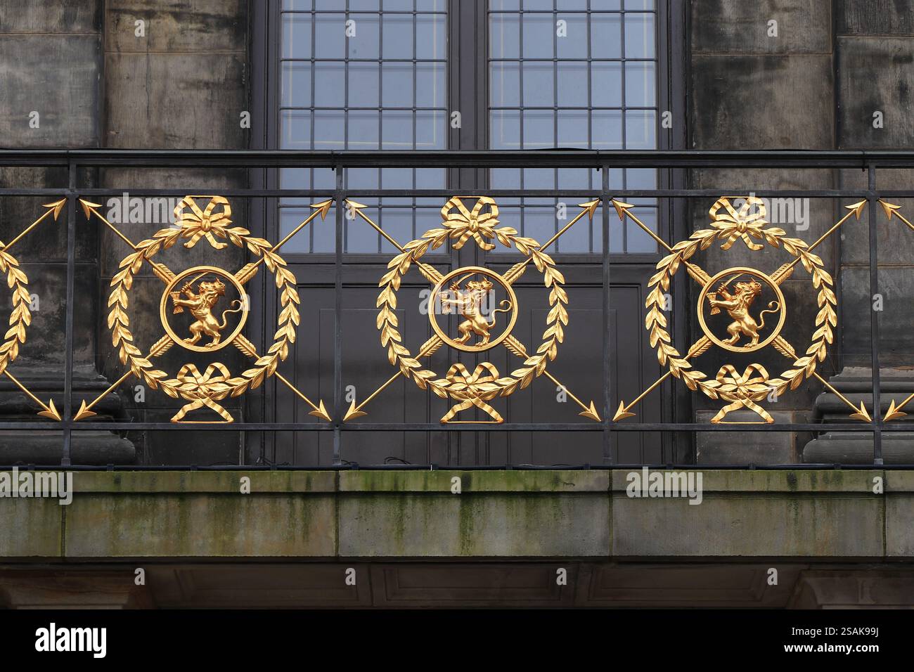 Amsterdam Royal Palace balcony fence decoration detail depicting golden ...