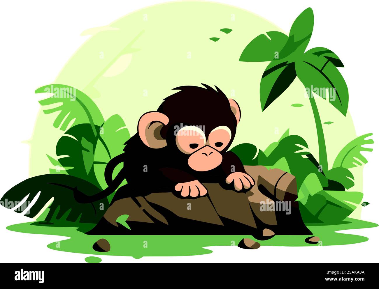 Cute monkey sitting on the rock in the jungle. Vector illustration ...