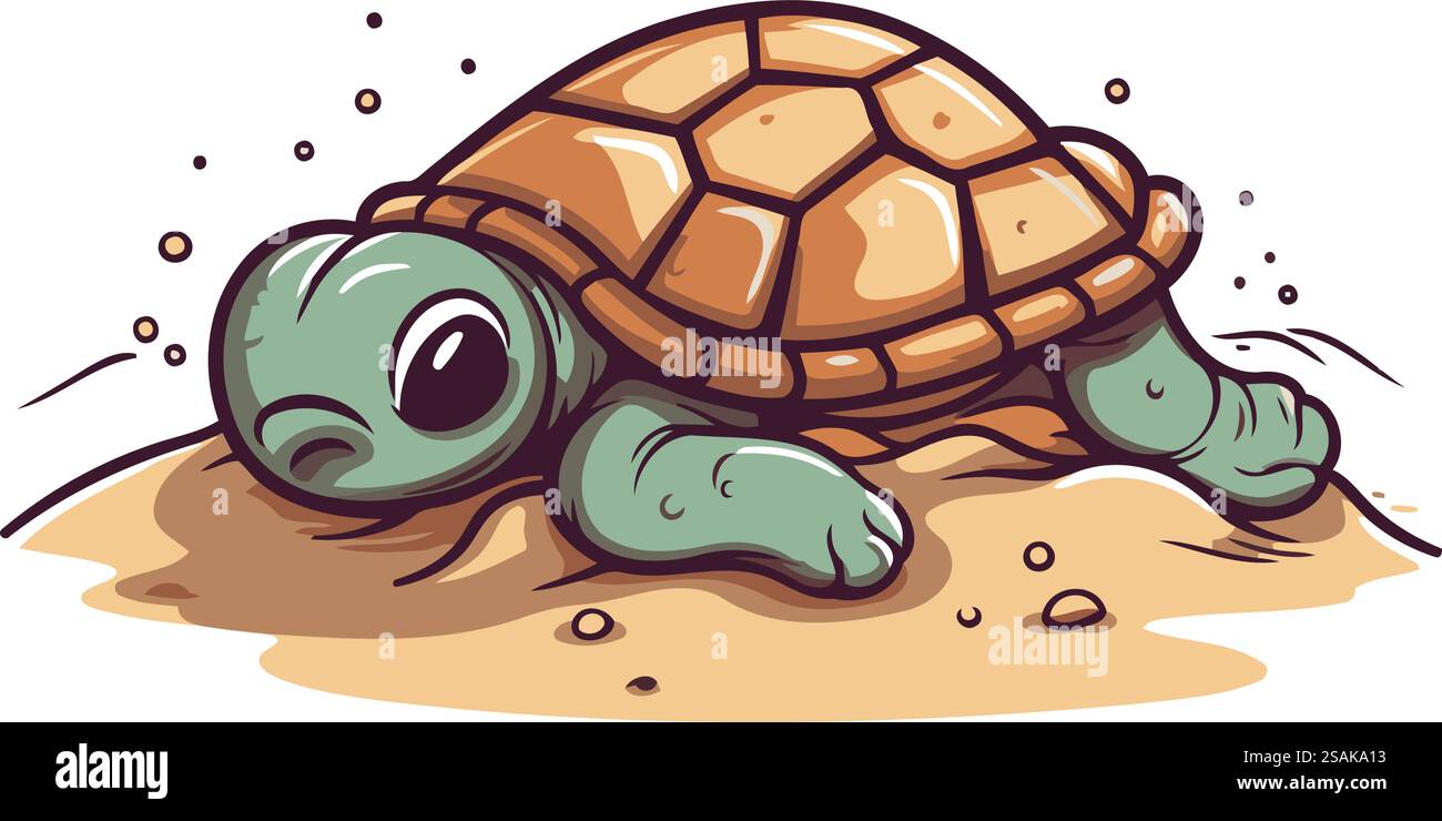Cartoon turtle on the sand. Vector illustration of a cute turtle Stock ...