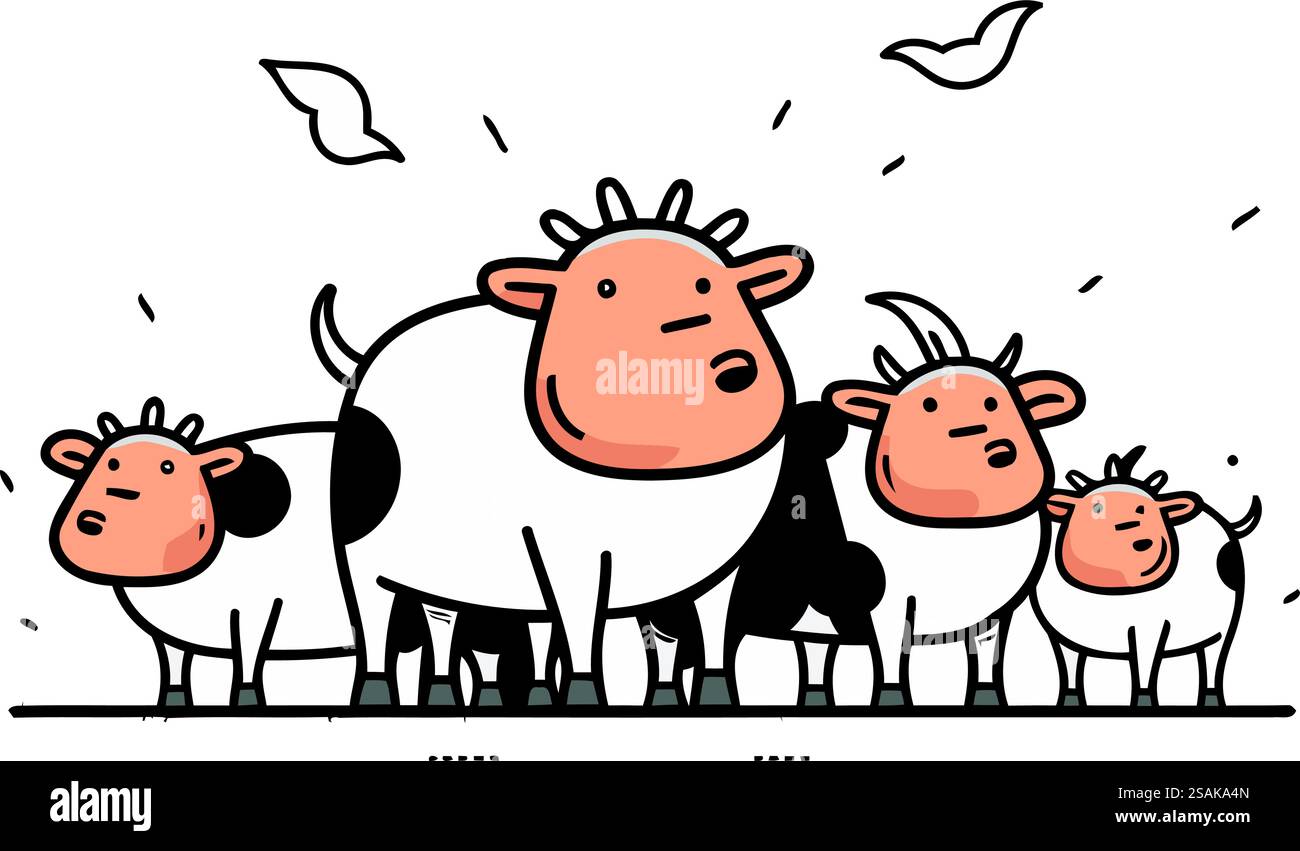 Cute cartoon farm animals vector illustration. Cow. bull. pig. cow ...