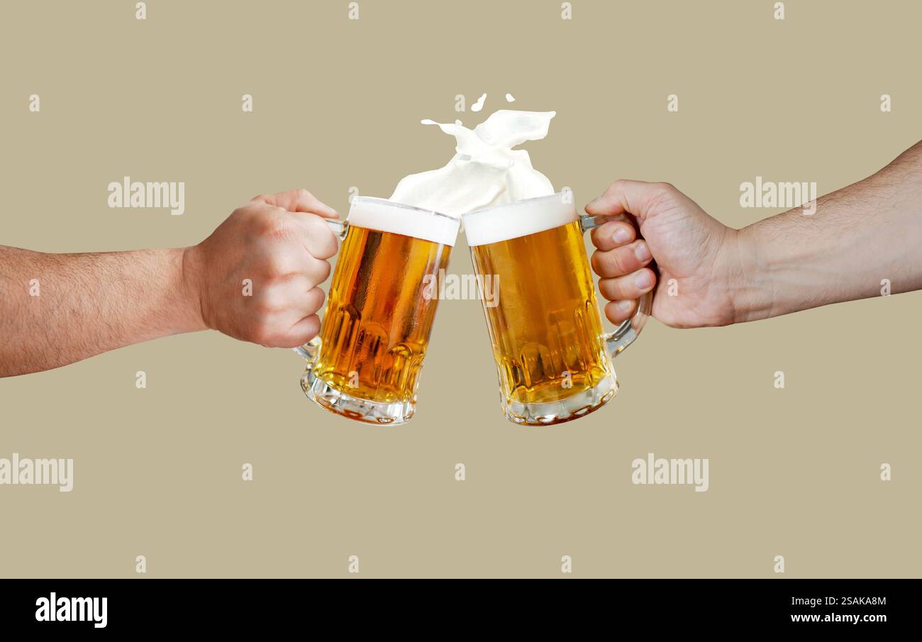 cheers with beer isolated on background, beer in hand Stock Photo - Alamy