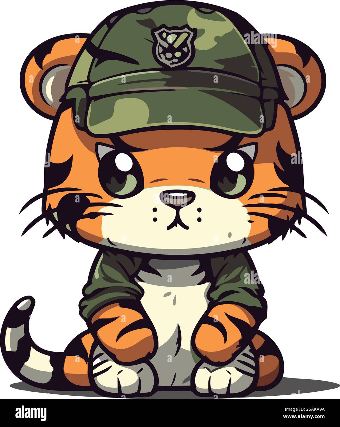 Cute tiger in a military cap. Vector illustration on white background ...