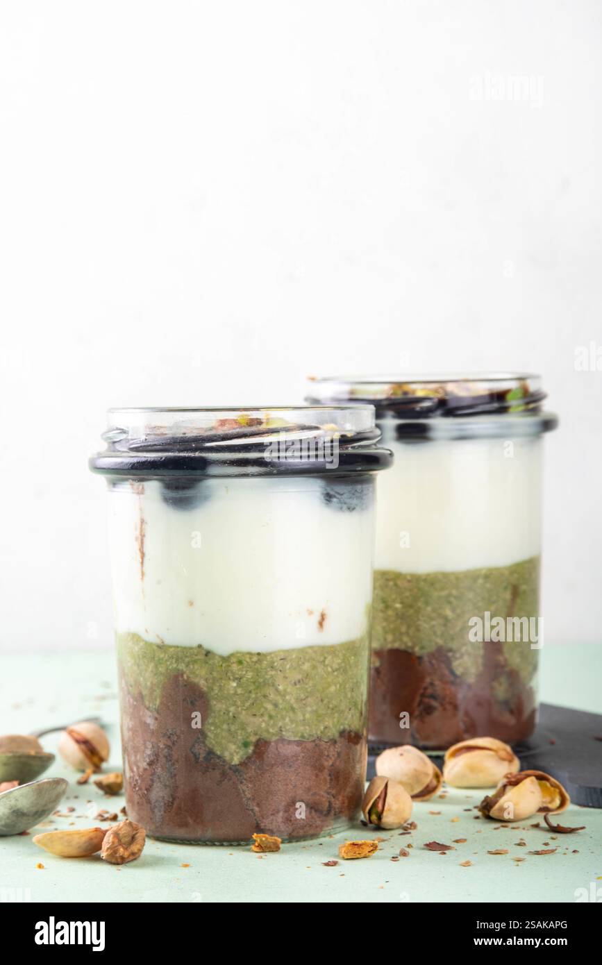 Dubai chocolate dessert cup, layered pistachio kadaif parfait cake with ...