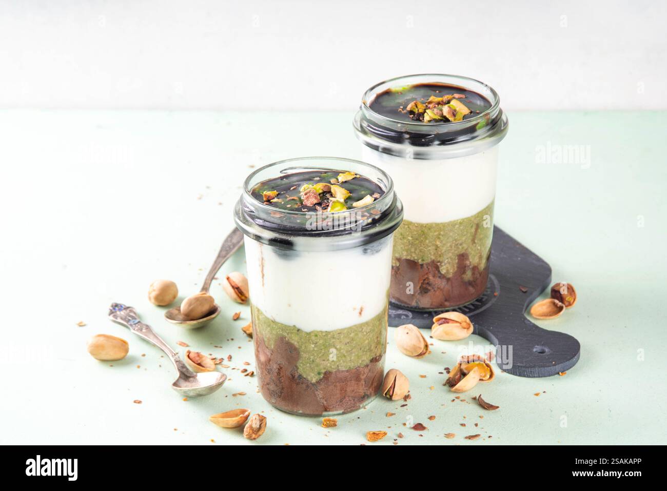 Dubai chocolate dessert cup, layered pistachio kadaif parfait cake with ...