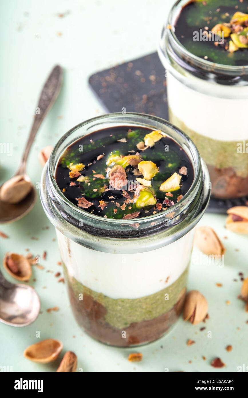 Dubai chocolate dessert cup, layered pistachio kadaif parfait cake with ...