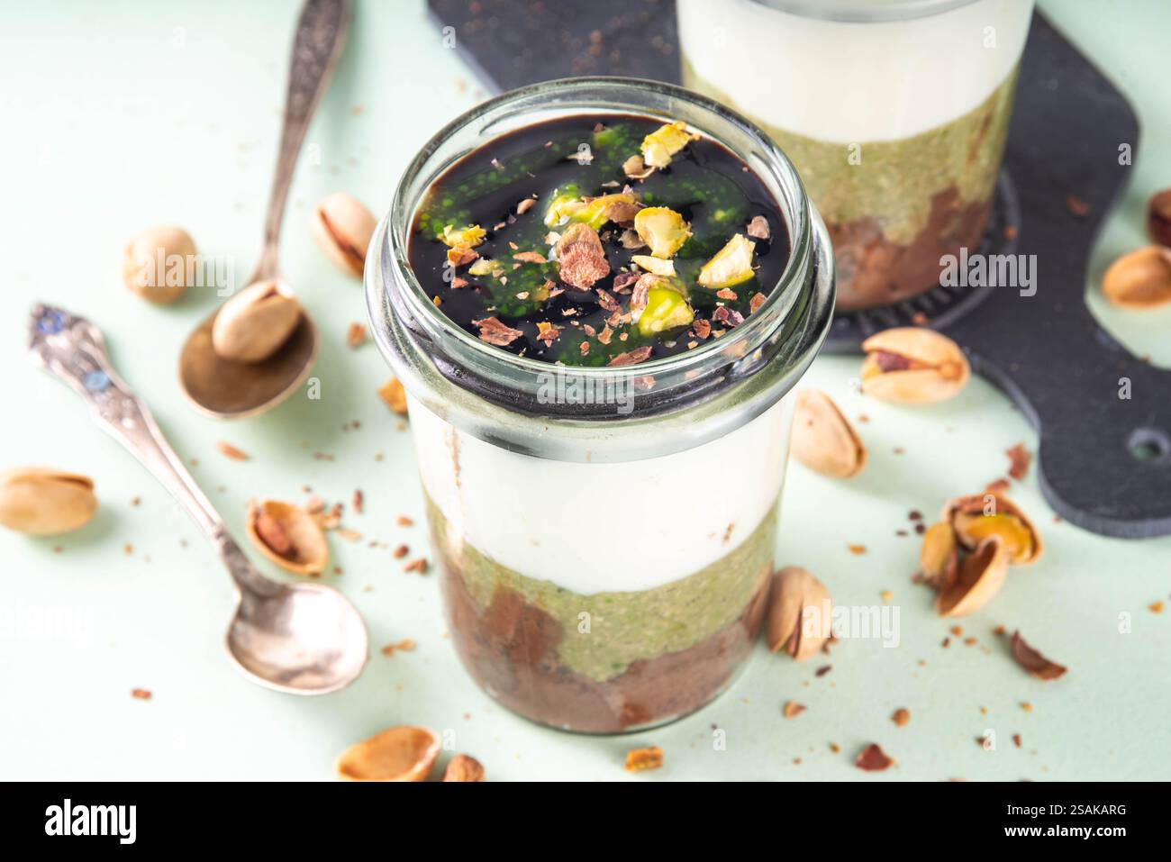 Dubai chocolate dessert cup, layered pistachio kadaif parfait cake with ...