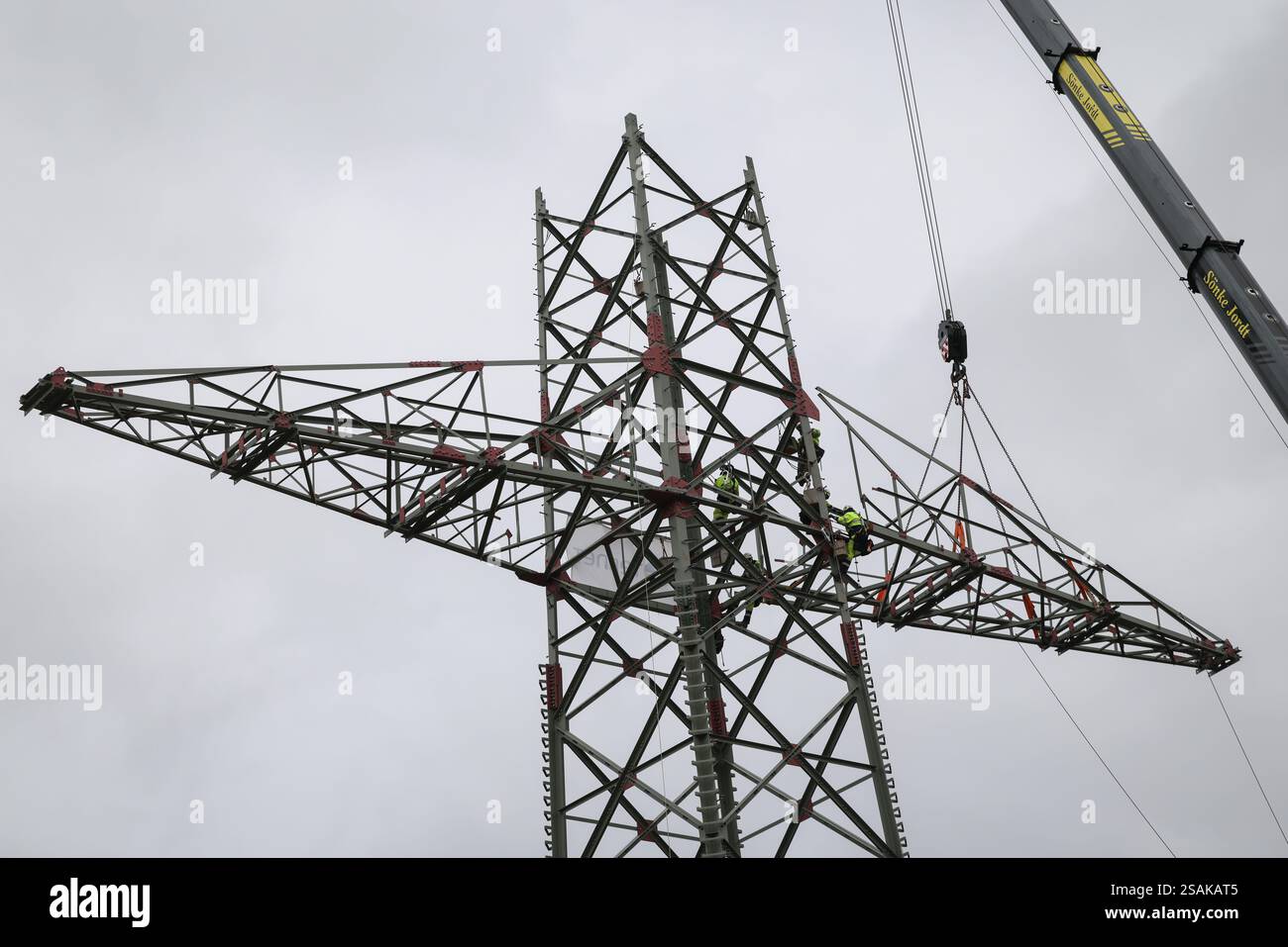 Altenkrempe, Germany. 30th Jan, 2025. Employees of a specialist company assemble a pylon for the ...