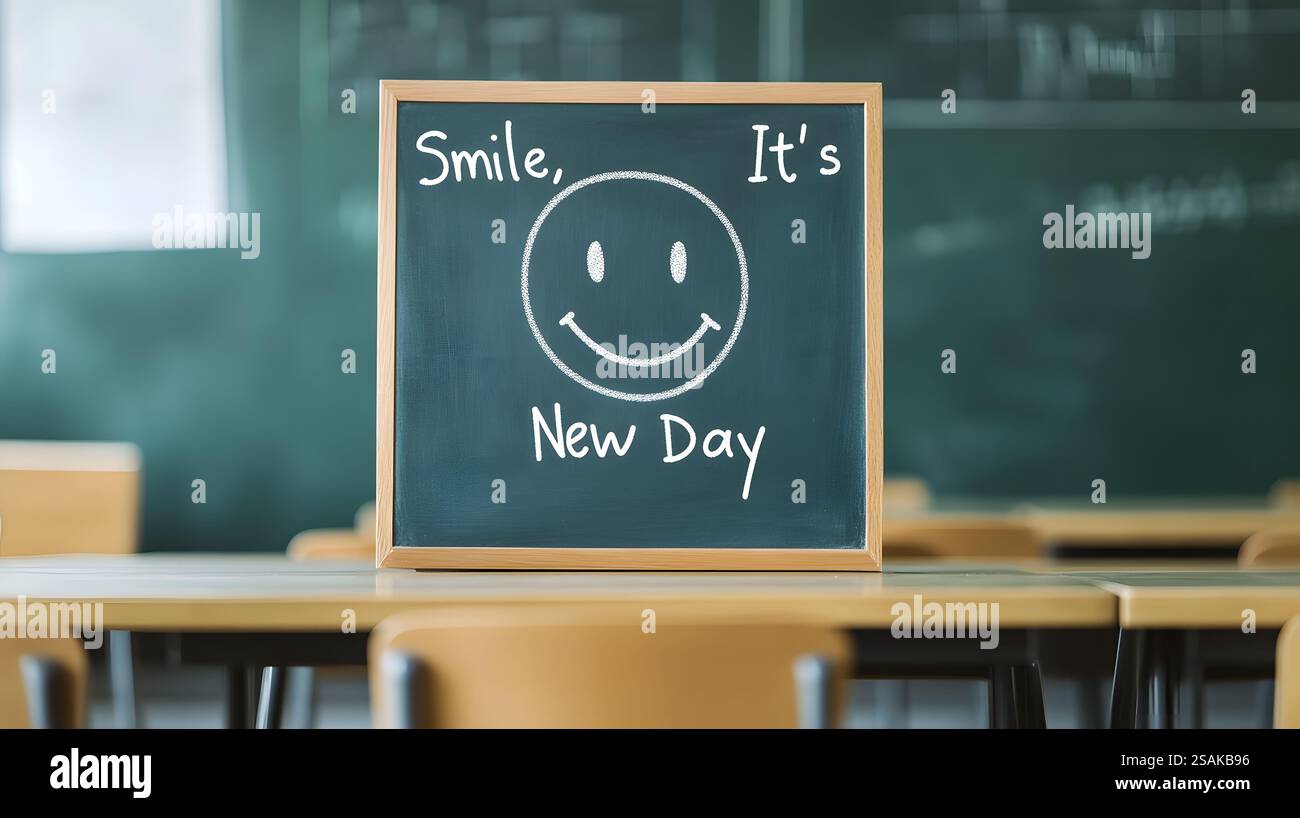 Chalkboard in a classroom setting displaying a drawn smiley face and ...