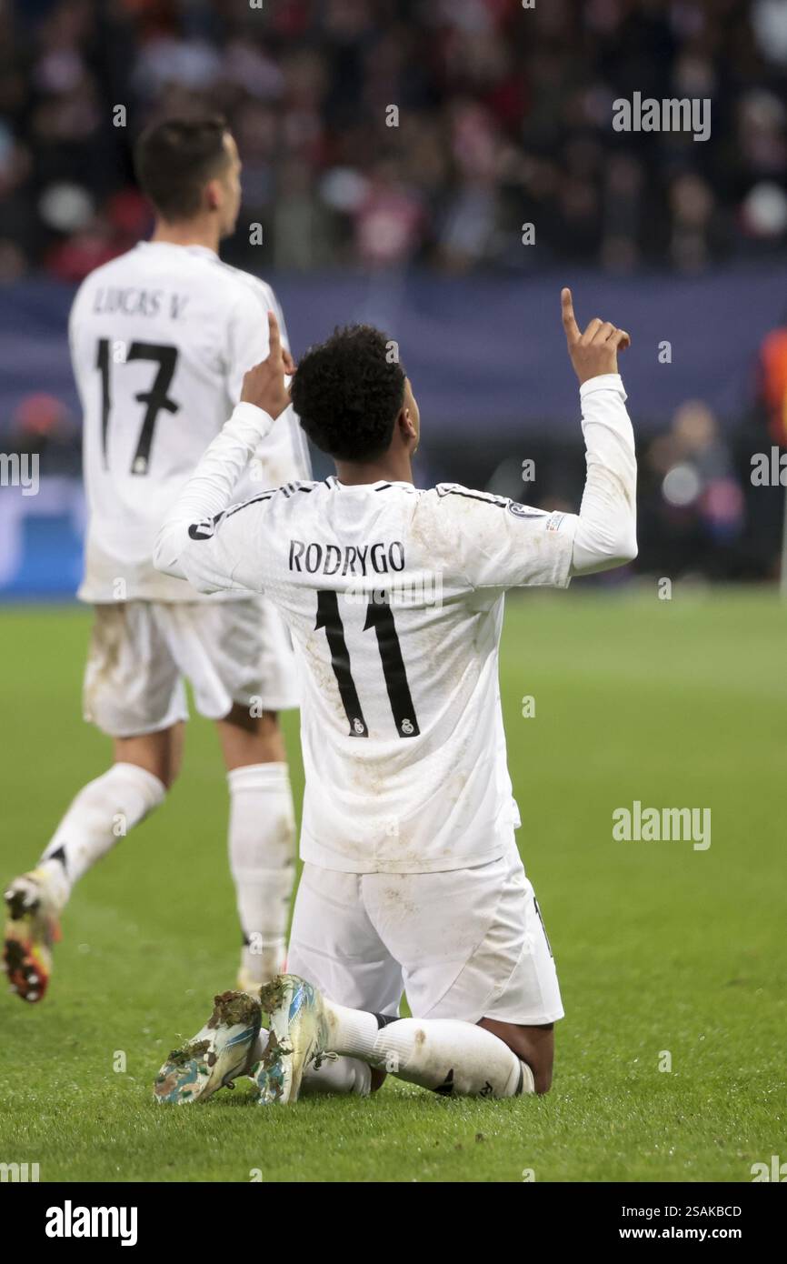 Rodrygo of Real Madrid celebrates his second goal during the UEFA ...