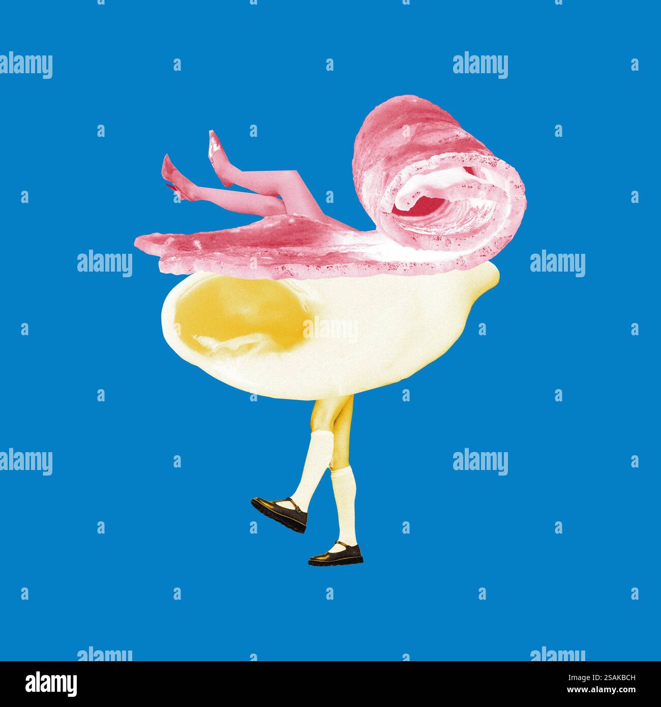 Surreal artwork. Human legs emerge from fried egg with bacon and rolled ...