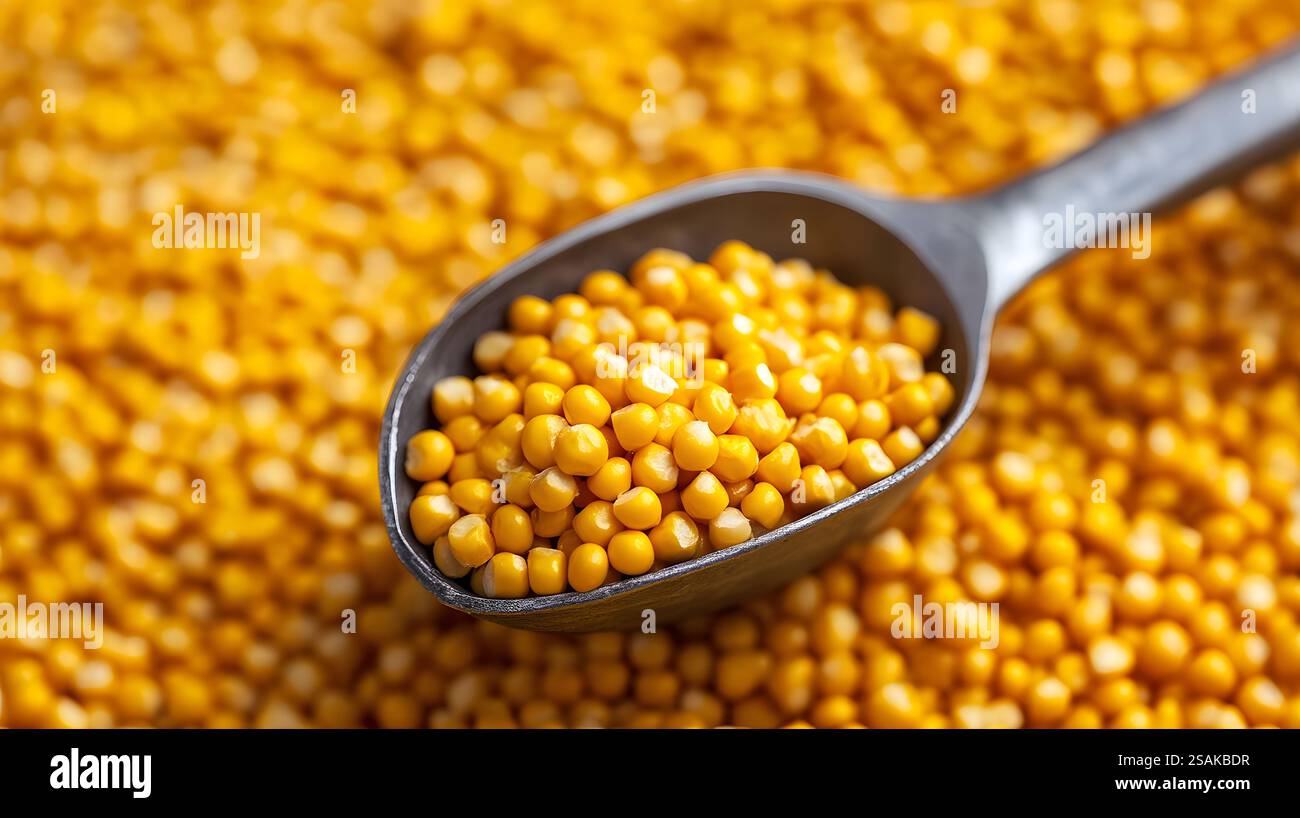 Close-up view of vibrant yellow corn feed pellets filling a large metal ...