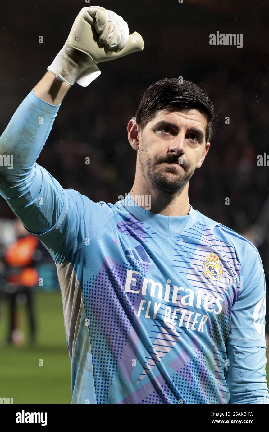Goalkeeper of Real Madrid Thibaut Courtois salutes the supporters ...