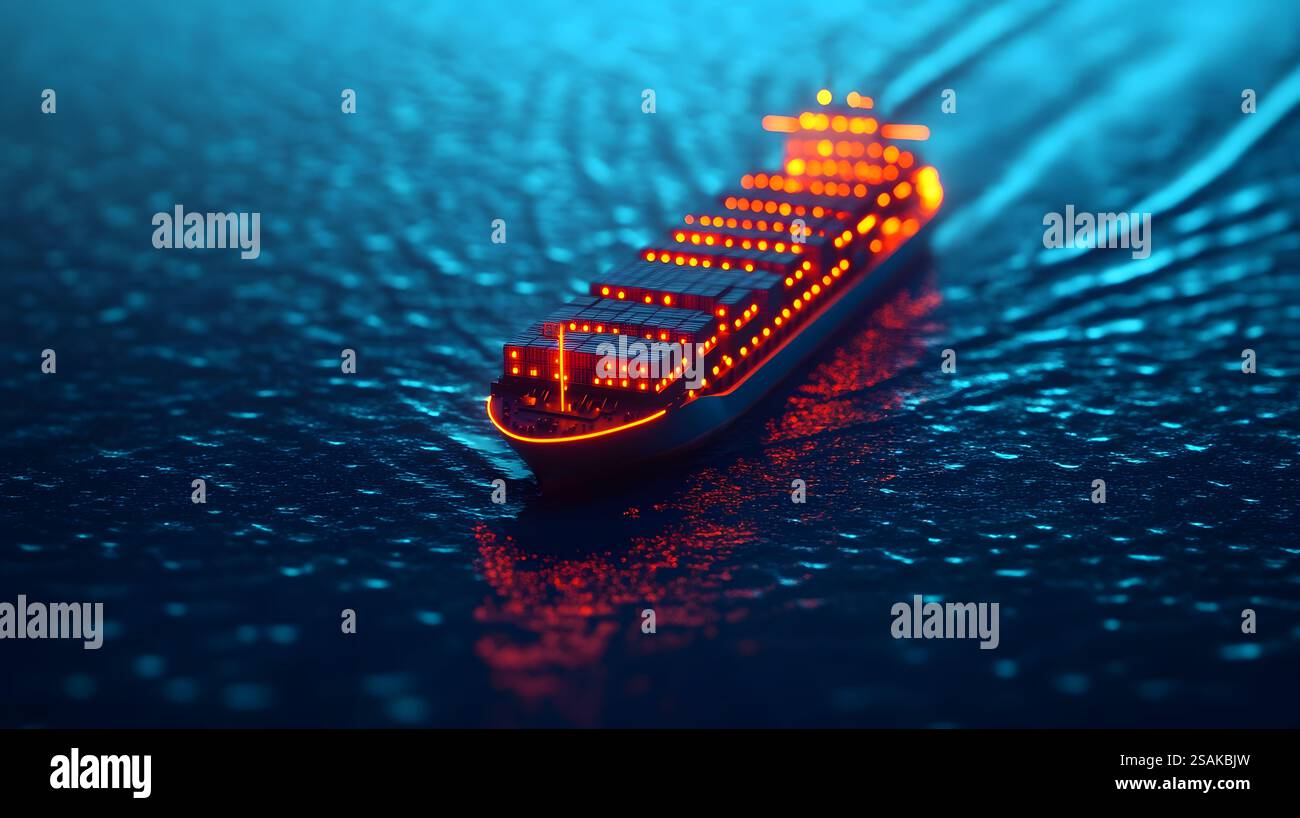 Glowing digital of a cargo ship traversing the ocean with illuminated ...