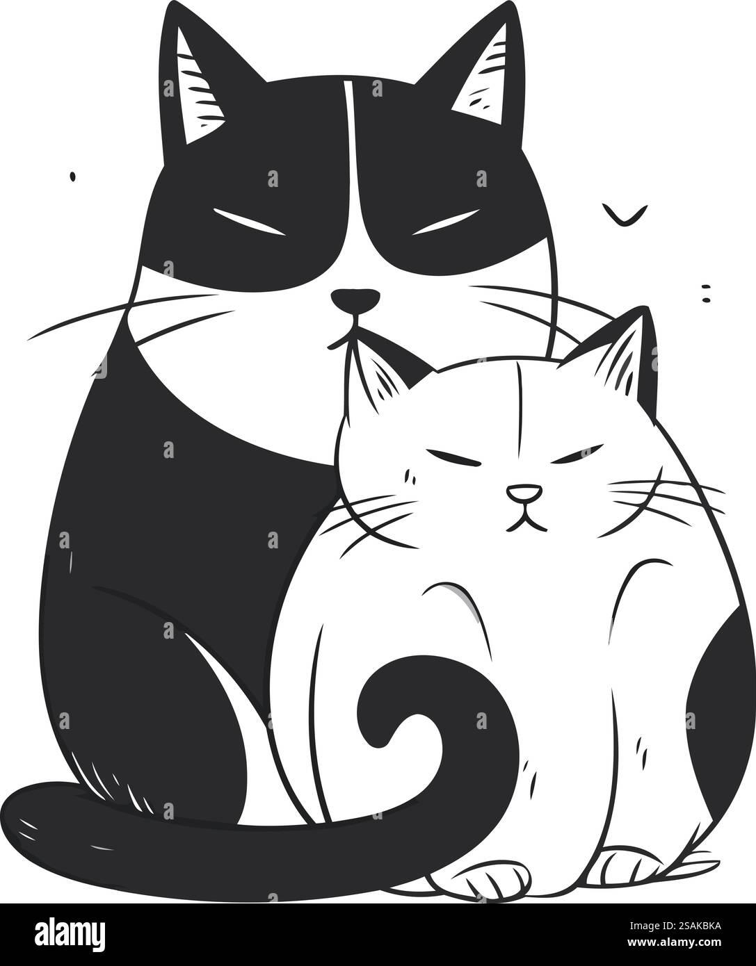 Black and white illustration of two cats sitting and hugging each other ...