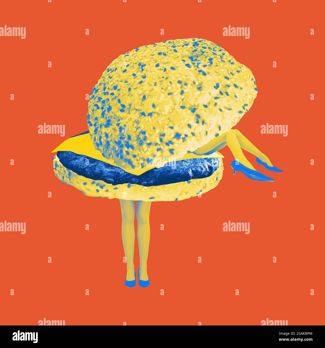 Surreal artwork. Hamburger with human legs and additional pair emerging ...