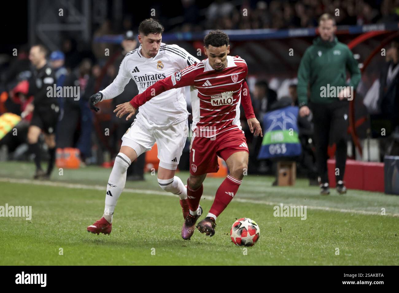 Kenny Lala of Brest, left Federico Valverde of Real Madrid during the ...