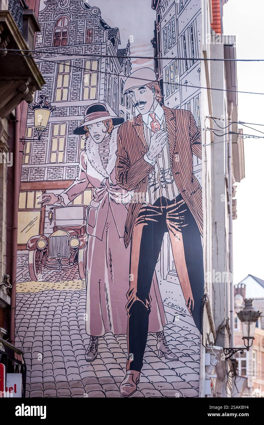 Street art mural in Brussels depicting a vintage comic scene, part of ...