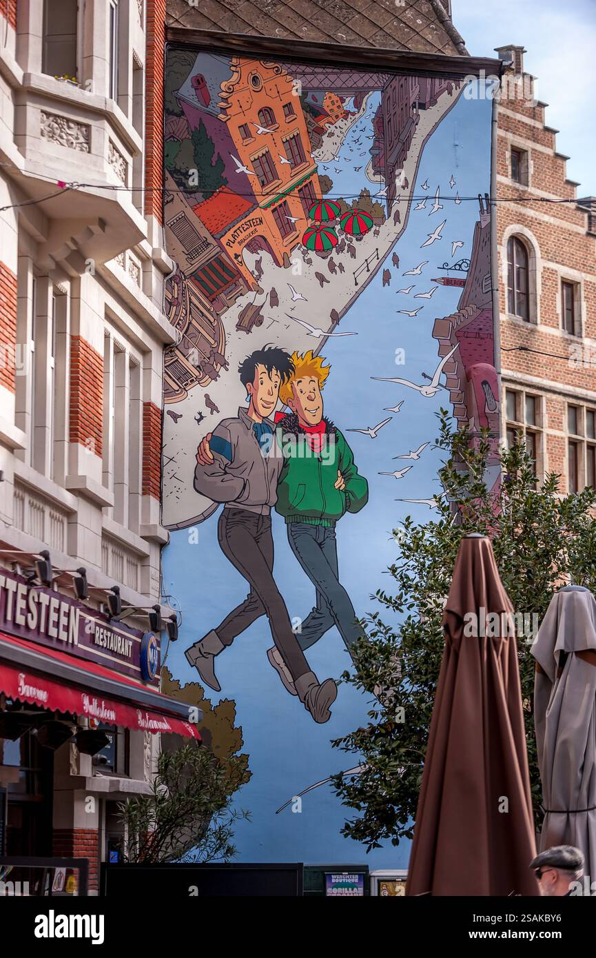 Colorful comic mural in Brussels, Belgium, showing famous characters ...